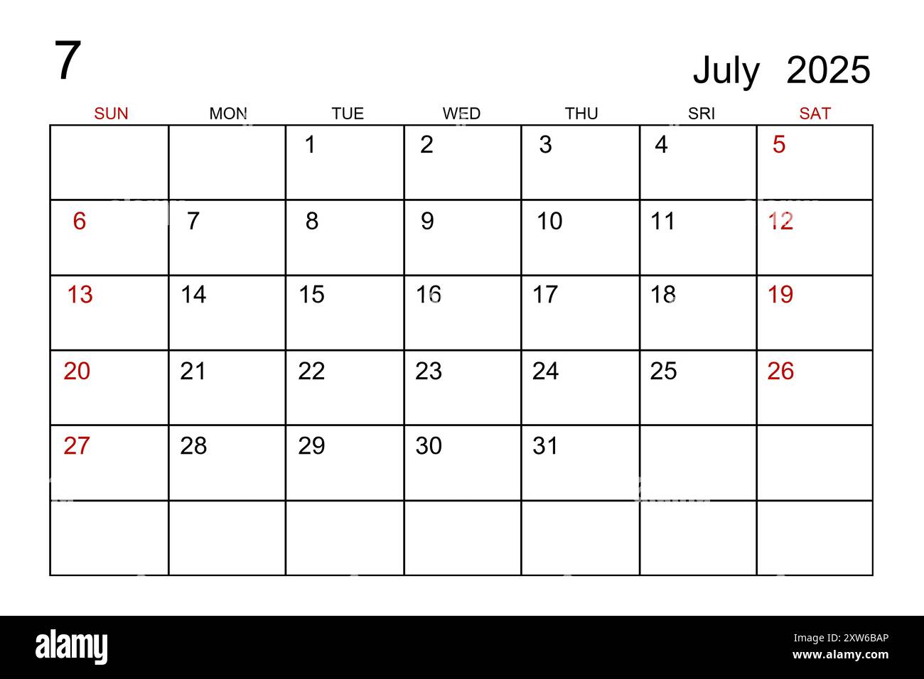 July 2025 calendar template on white paper background Stock Photo - Alamy