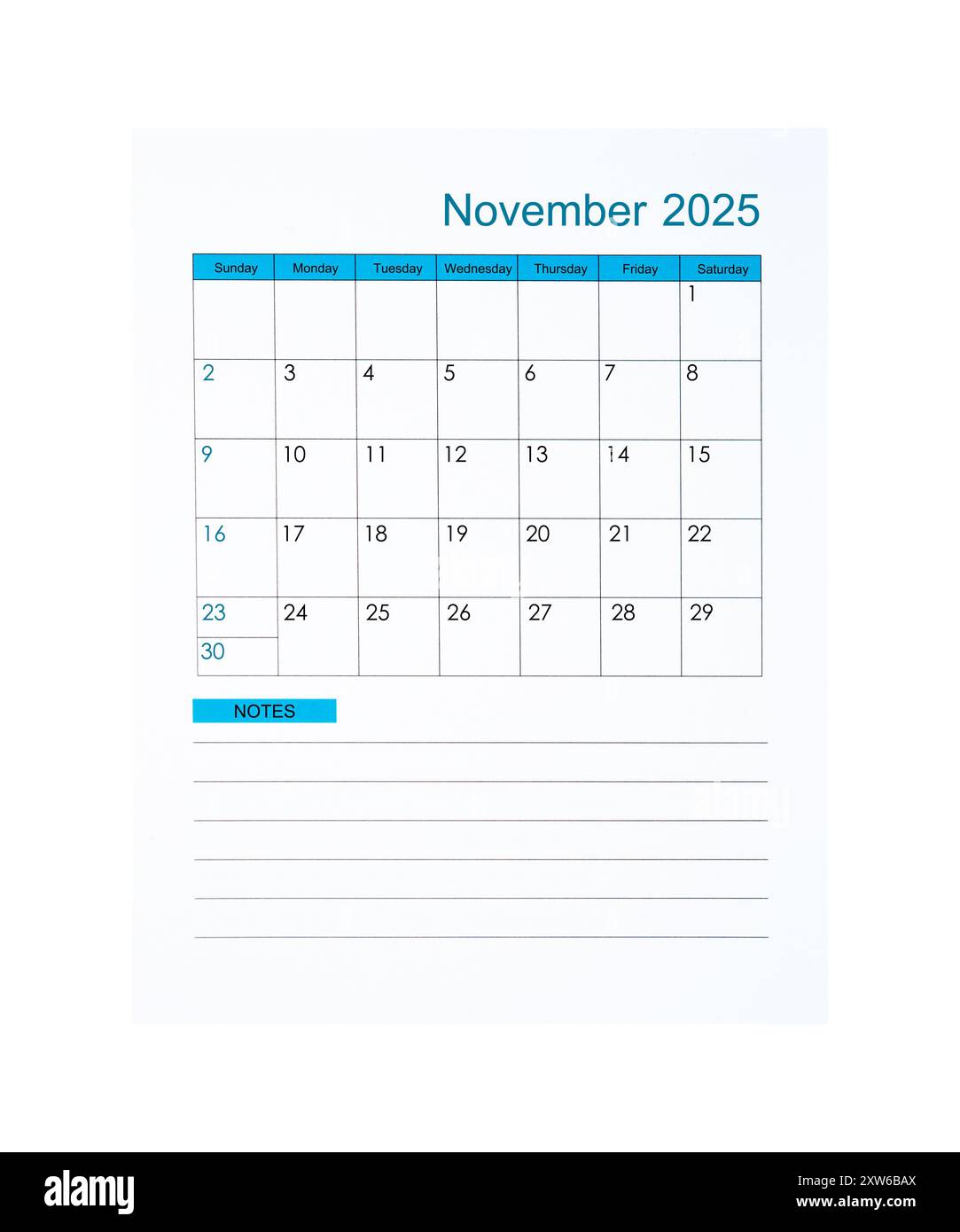 Vertical of November 2025 Calendar page for 2025 year isolated on white ...