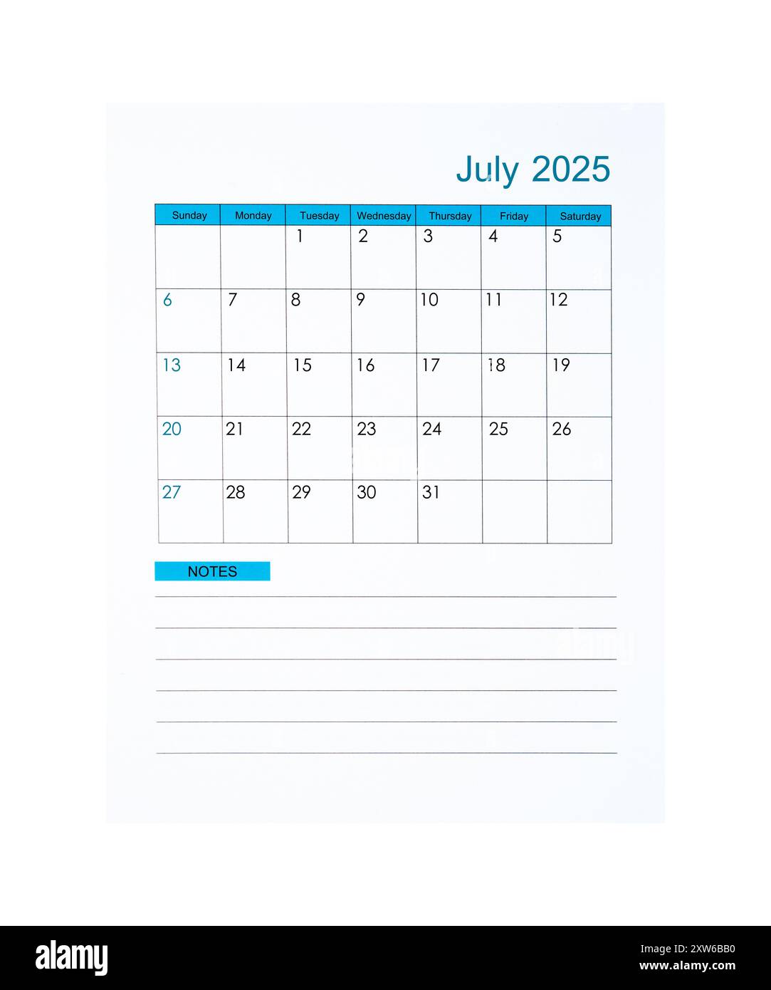 Vertical of Jul 2025 Calendar page for 2025 year isolated on white ...
