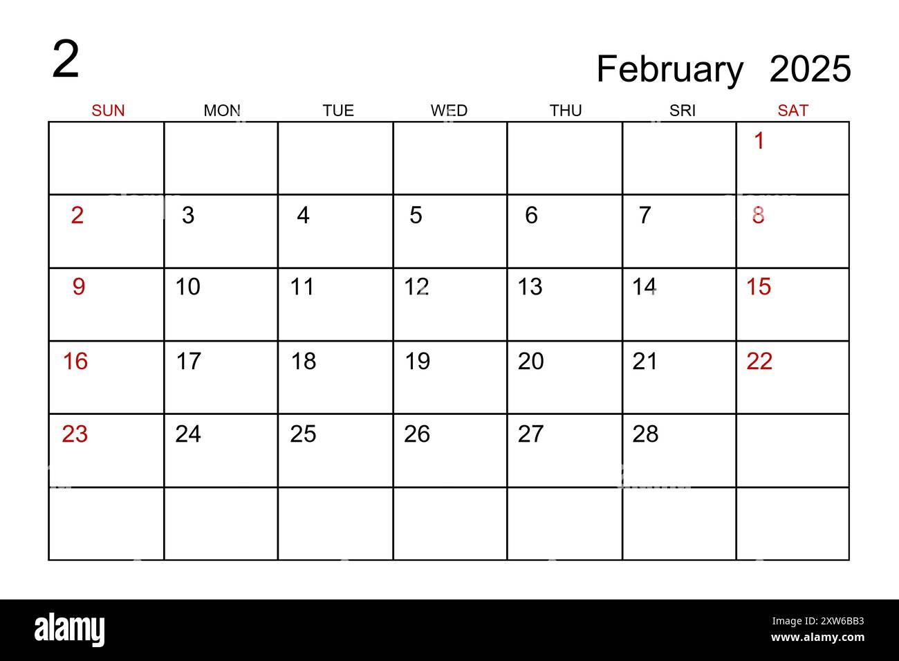 February 2025 calendar template on white paper background Stock Photo ...