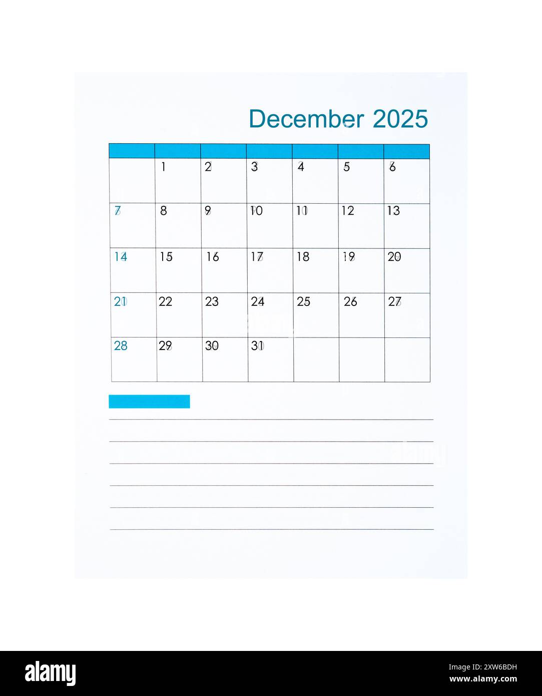 Vertical of December 2025 Calendar page for 2025 year isolated on white ...