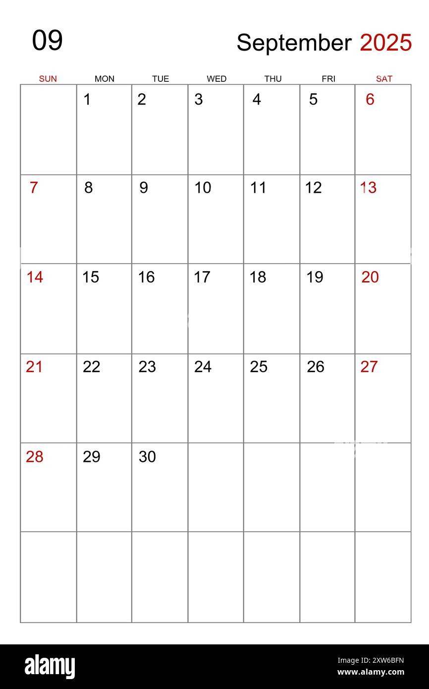 September 2025 calendar vertical template on white background Stock ...