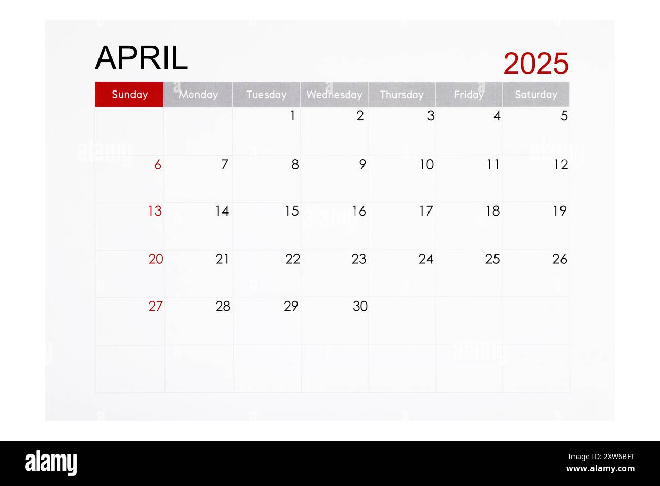 April 2025 monthly calendar page isolated on white background, Saved ...