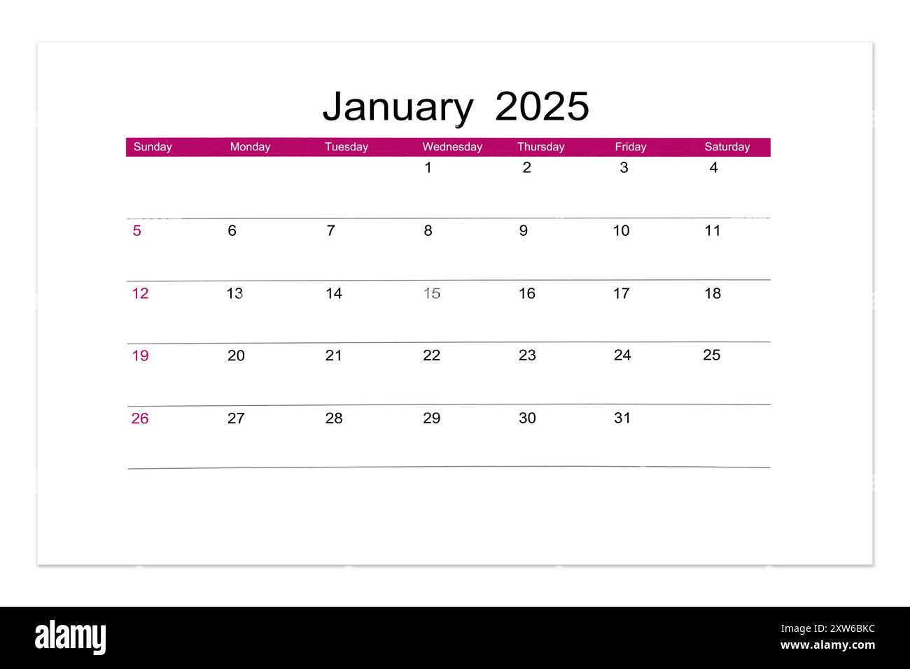 January 2025 Calendar page for 2025 year isolated on white background ...