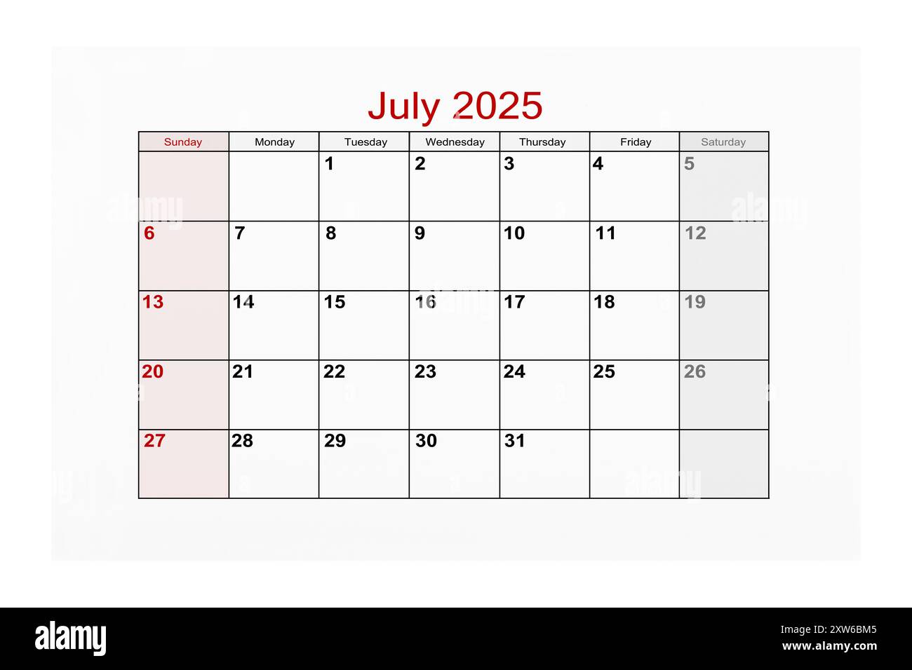 July 2025 Calendar page for 2025 year isolated on white background ...
