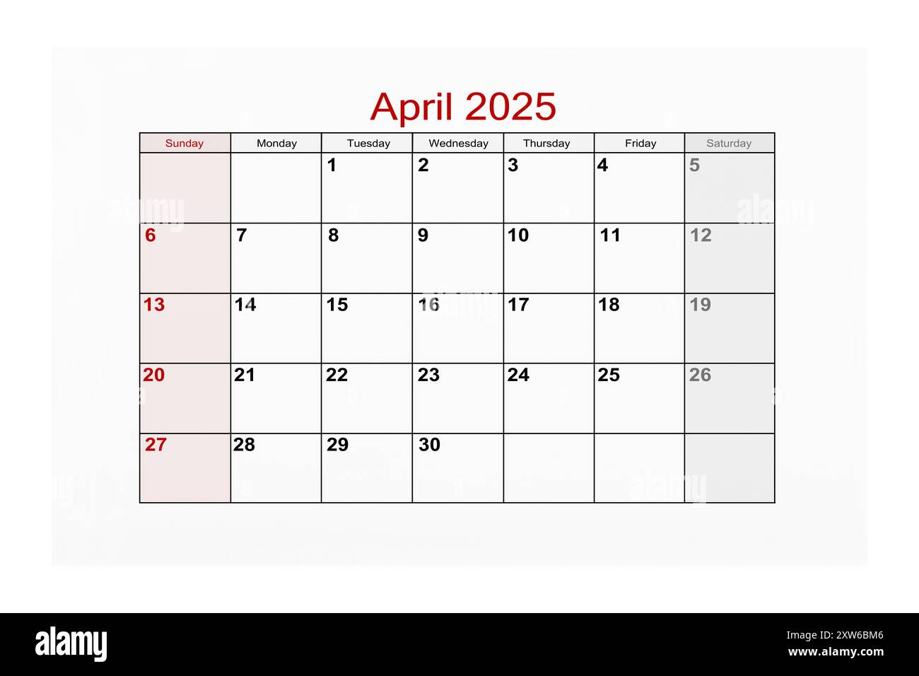 April 2025 Calendar page for 2025 year isolated on white background ...