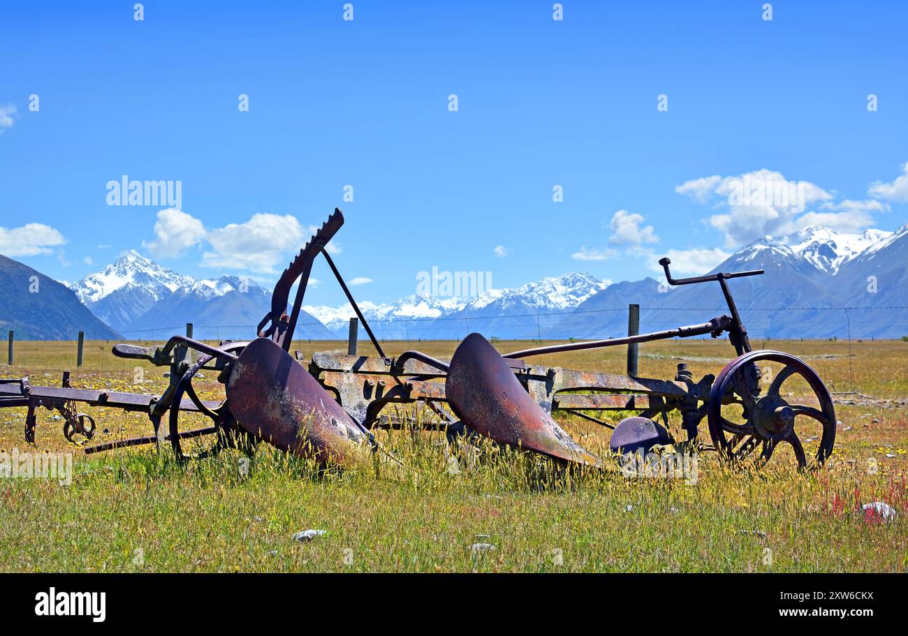 Historic farm equipment at Mesopotamia Station in the Southern Alps of ...