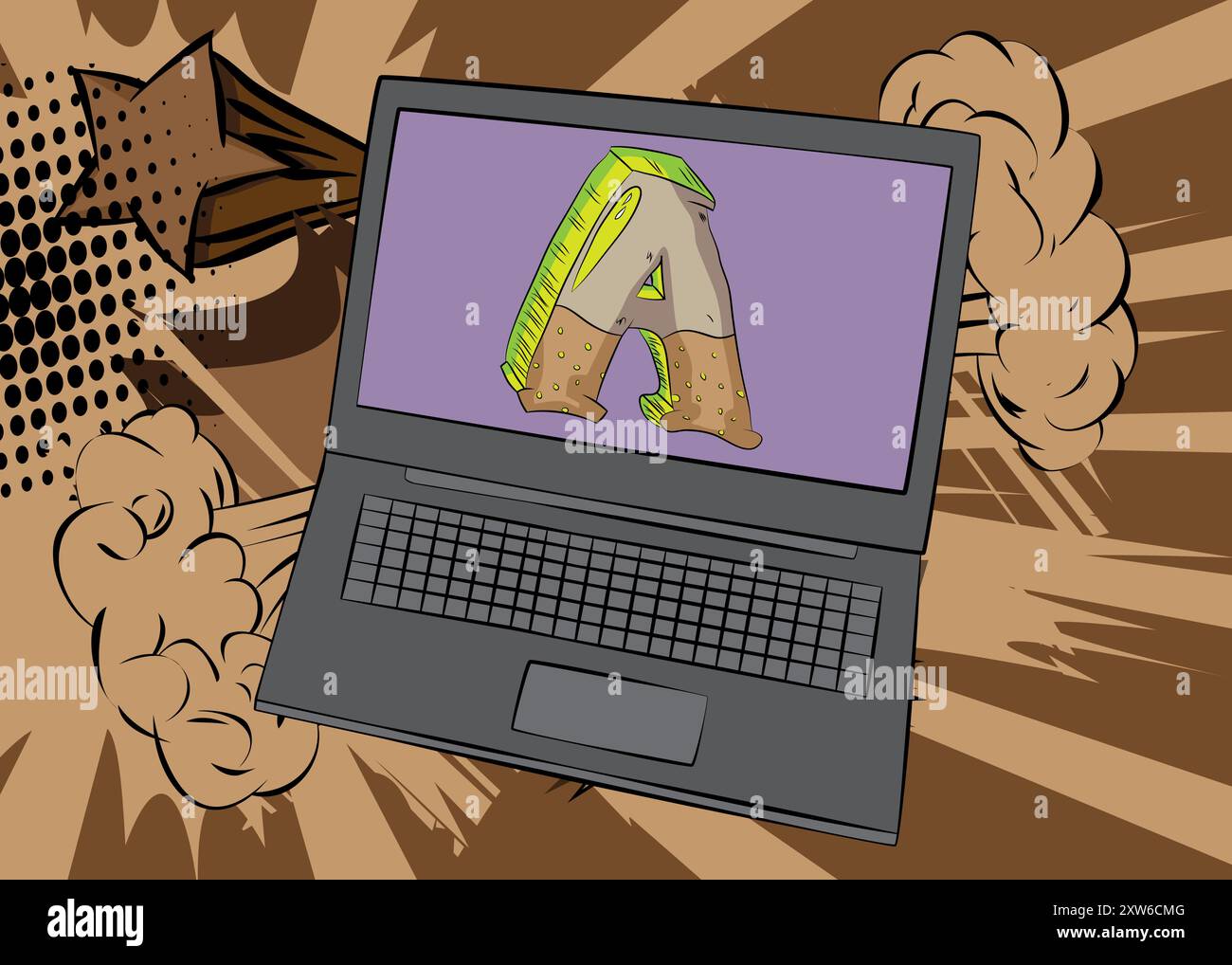 Cartoon Laptop, comic book Notebook with Letter A. Retro vector comics ...