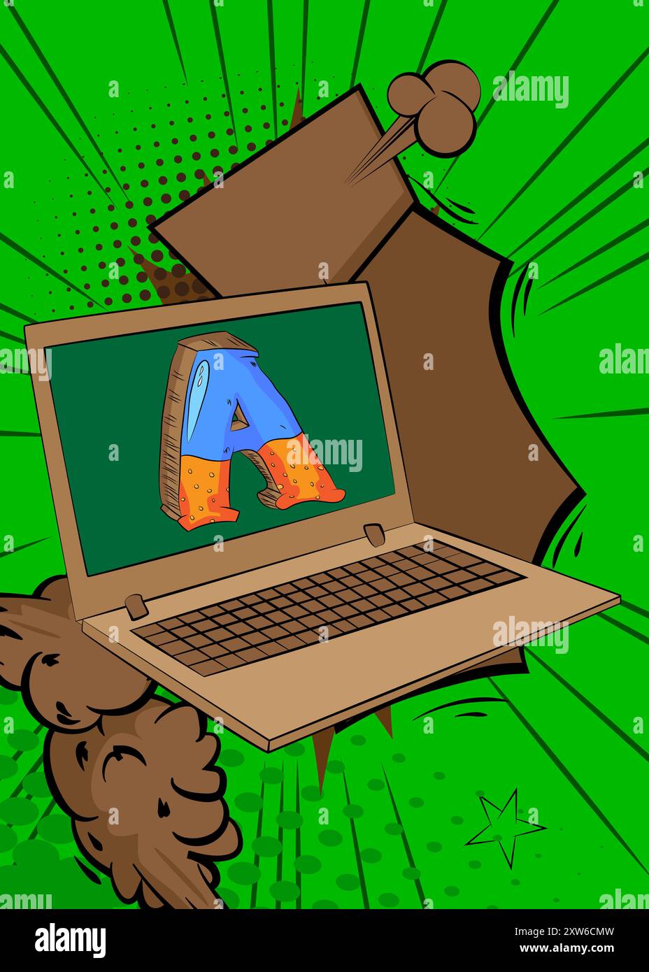 Cartoon Laptop, comic book Notebook with Letter A. Retro vector comics ...