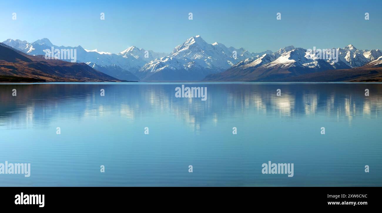 Panoramic view of New Zealand's tallest mountain Mount Cook and Lake ...