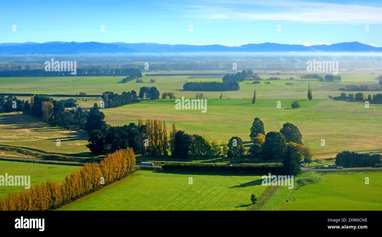 Canterbury Plains aerial view as the mist clears on an Autumn morning ...