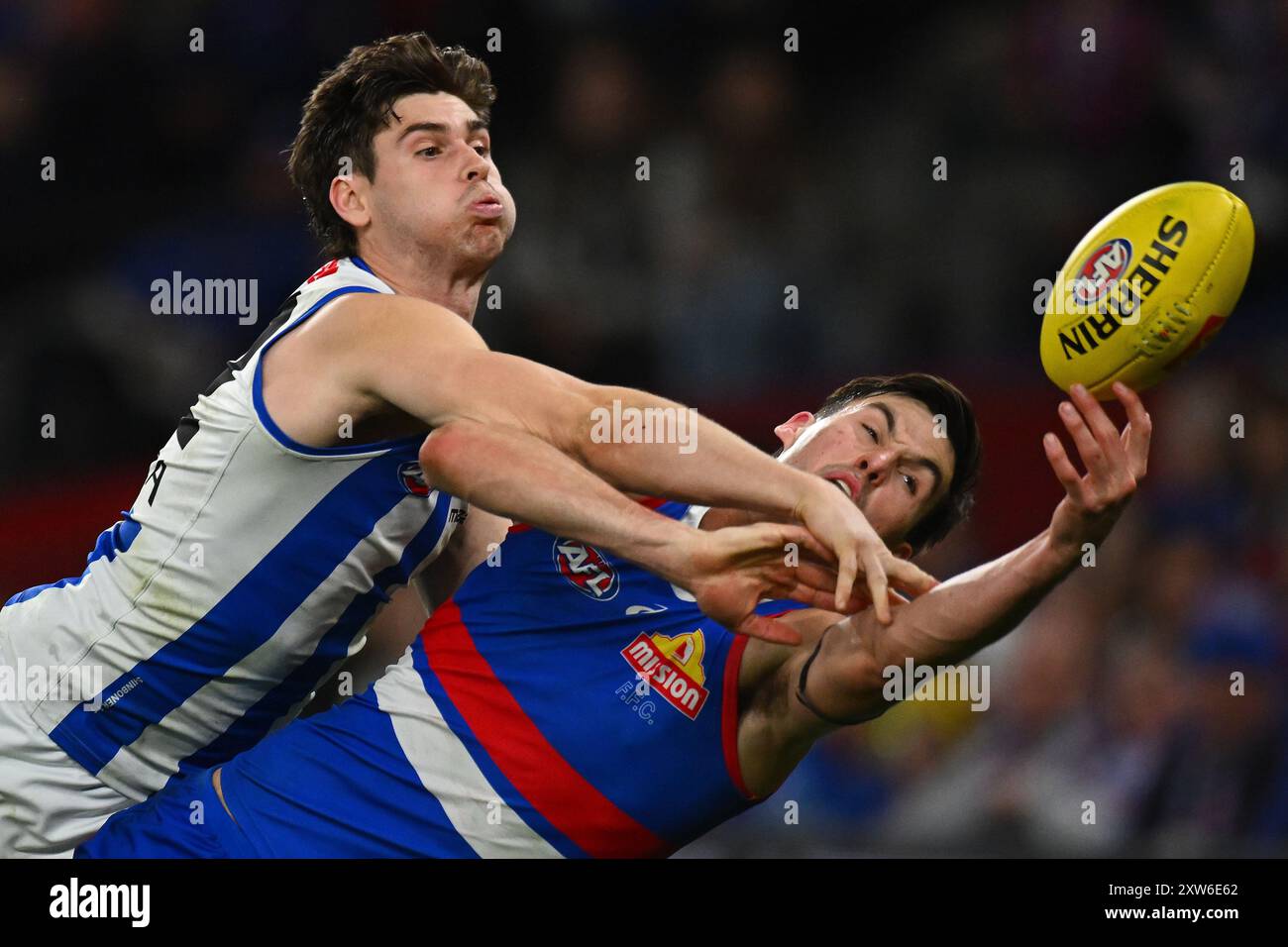 Melbourne, Australia. 18th Aug, 2024. Sam Darcy of the Bulldogs reaches ...