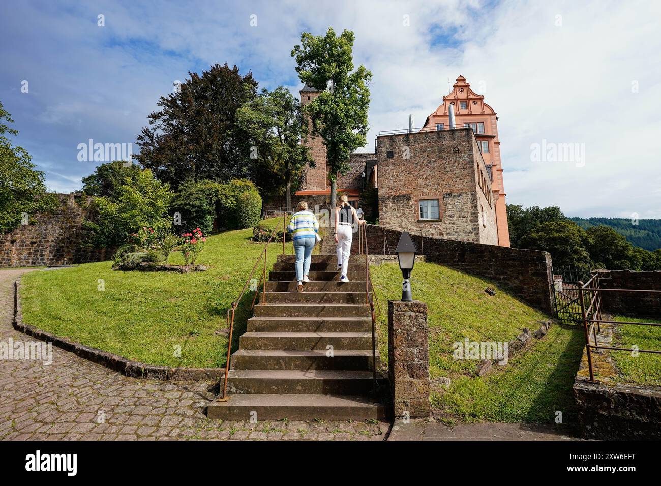 Hirschhorn, Germany. 17th Aug, 2024. Visitors walk up a flight of ...