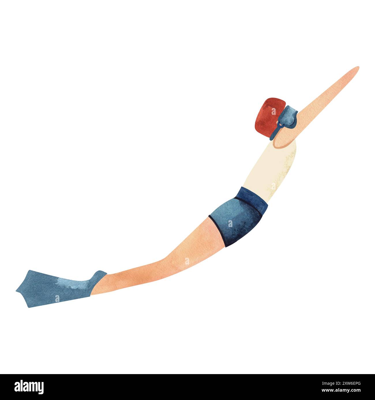 A man swims underwater with fins. Watercolor isolated illustration for ...