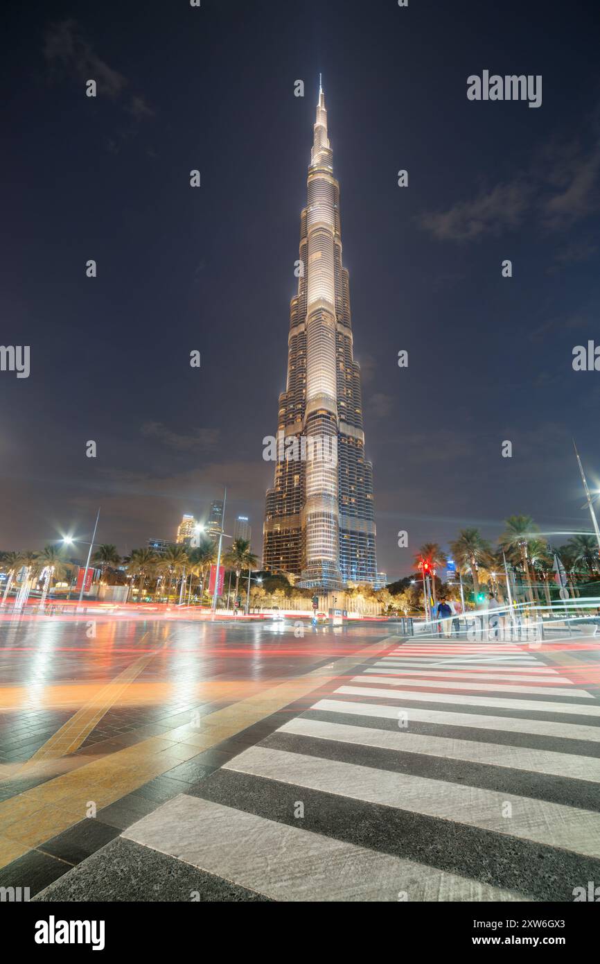 Awesome night view of crosswalk and the Burj Khalifa Tower Stock Photo ...