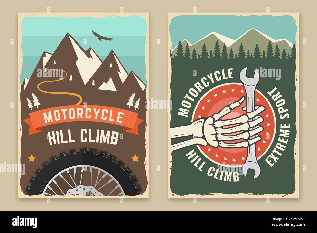 Set of motorcycle hill climb retro posters. Vector. Extreme sport with ...