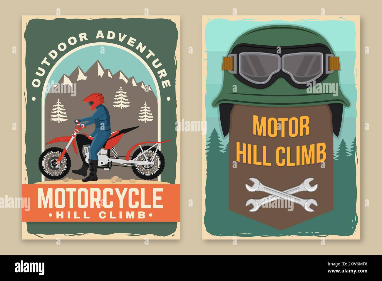 Set of motorcycle hill climb retro posters. Vector. Extreme sport with ...