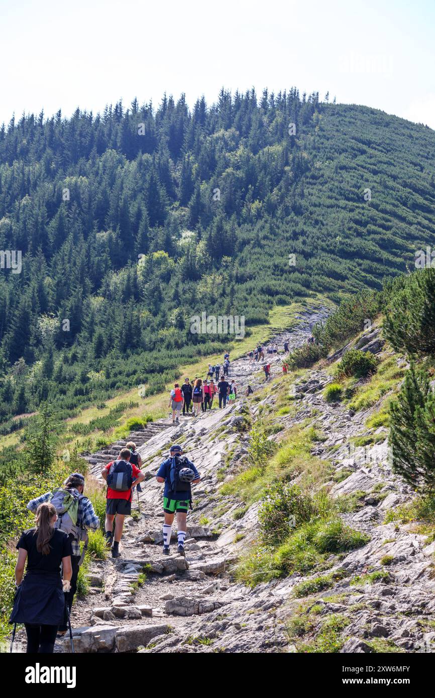 A line of people with hikers on a mountain path going up Stock Photo ...