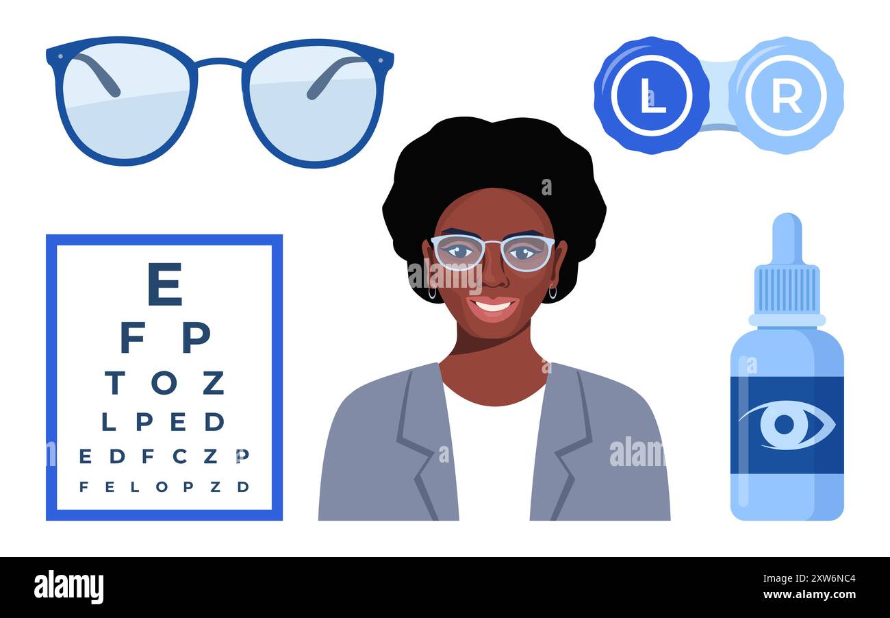 Ophthalmology icons set. Glasses, eye drops, contact lenses, test table ...