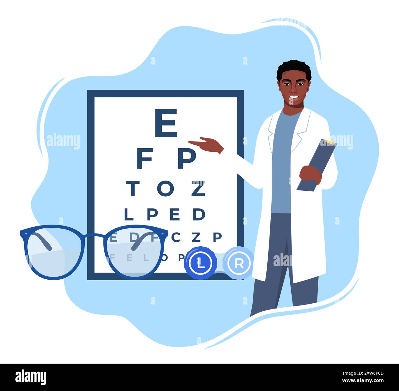 Ophthalmology icon composition. Glasses, eye drops, contact lenses ...