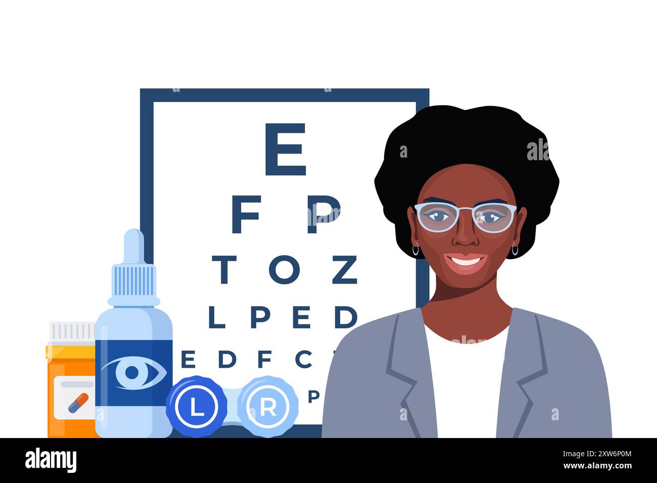 Ophthalmology icon composition. Glasses, eye drops, contact lenses ...