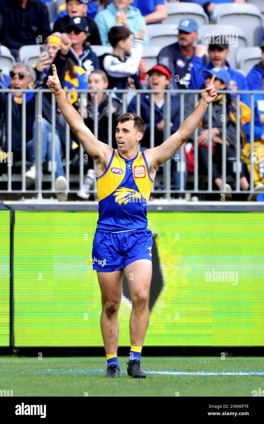 Perth, Australia. 18th Aug, 2024. Jamie Cripps of the Eagles celebrates ...