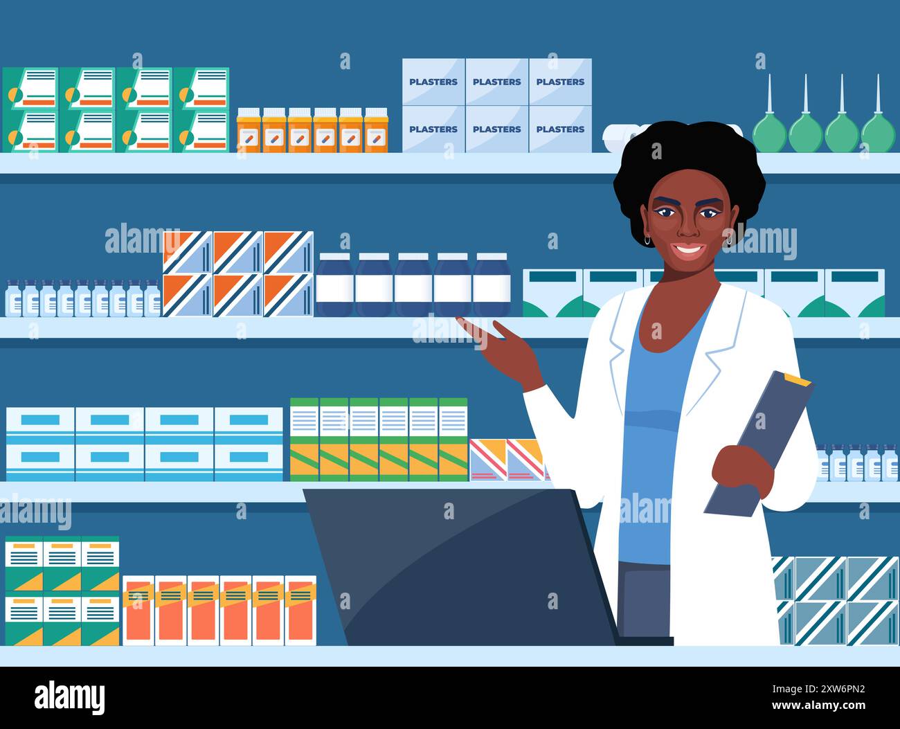 African American Pharmacist at counter in pharmacy. Druggist opposite ...