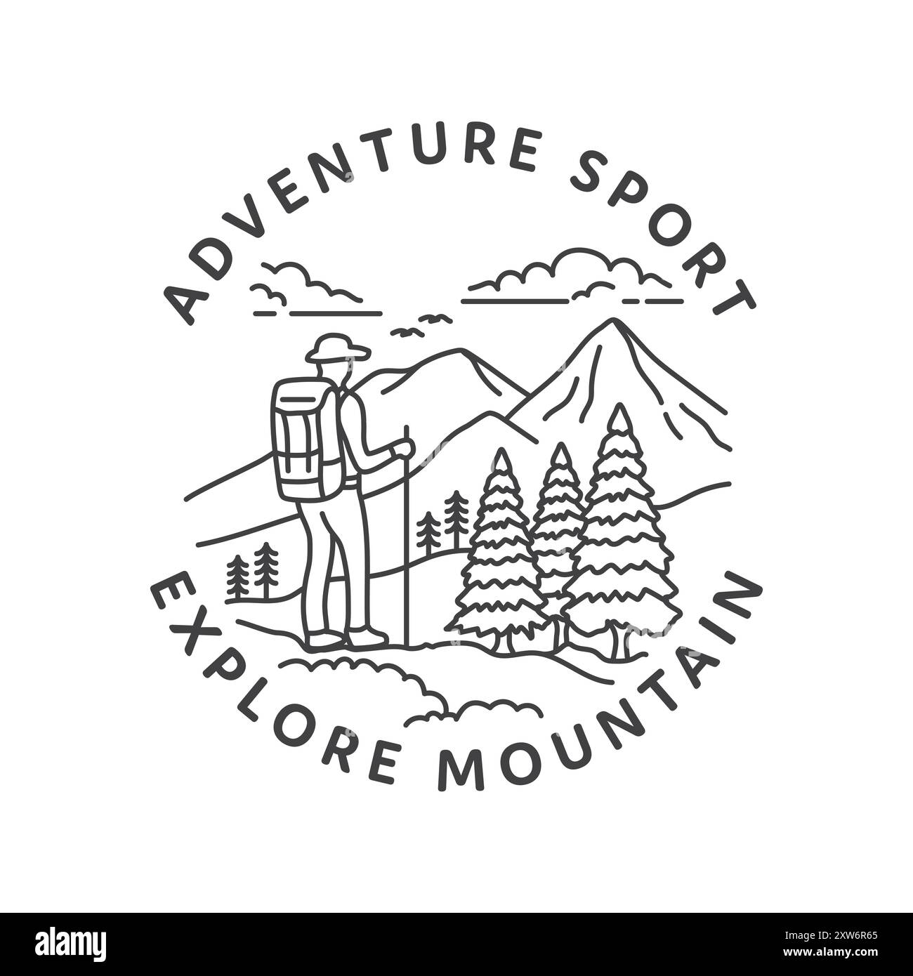 A line art illustration of a hiker standing in front of a mountain, surrounded by trees, with ...