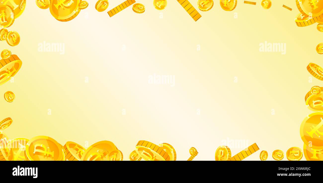 Russian ruble coins falling. Scattered gold RUB coins. Russia money ...