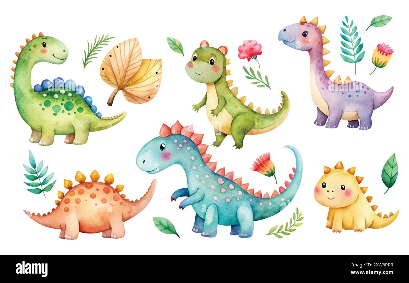 funny cute watercolor dinosaur set on white background vector ...