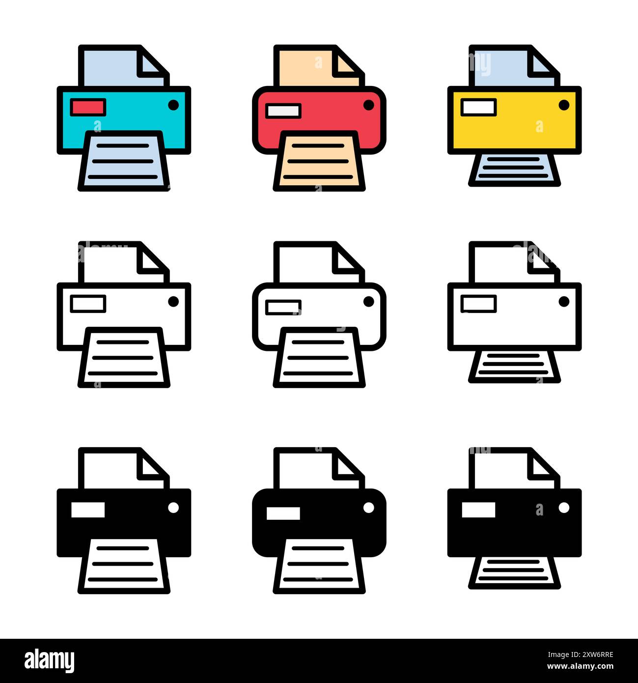 Set of Printer document web icon, printout machine technology flat sign ...