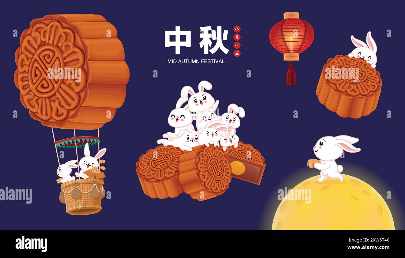 Vintage Mid Autumn Festival poster design with rabbit moon cake lantern ...