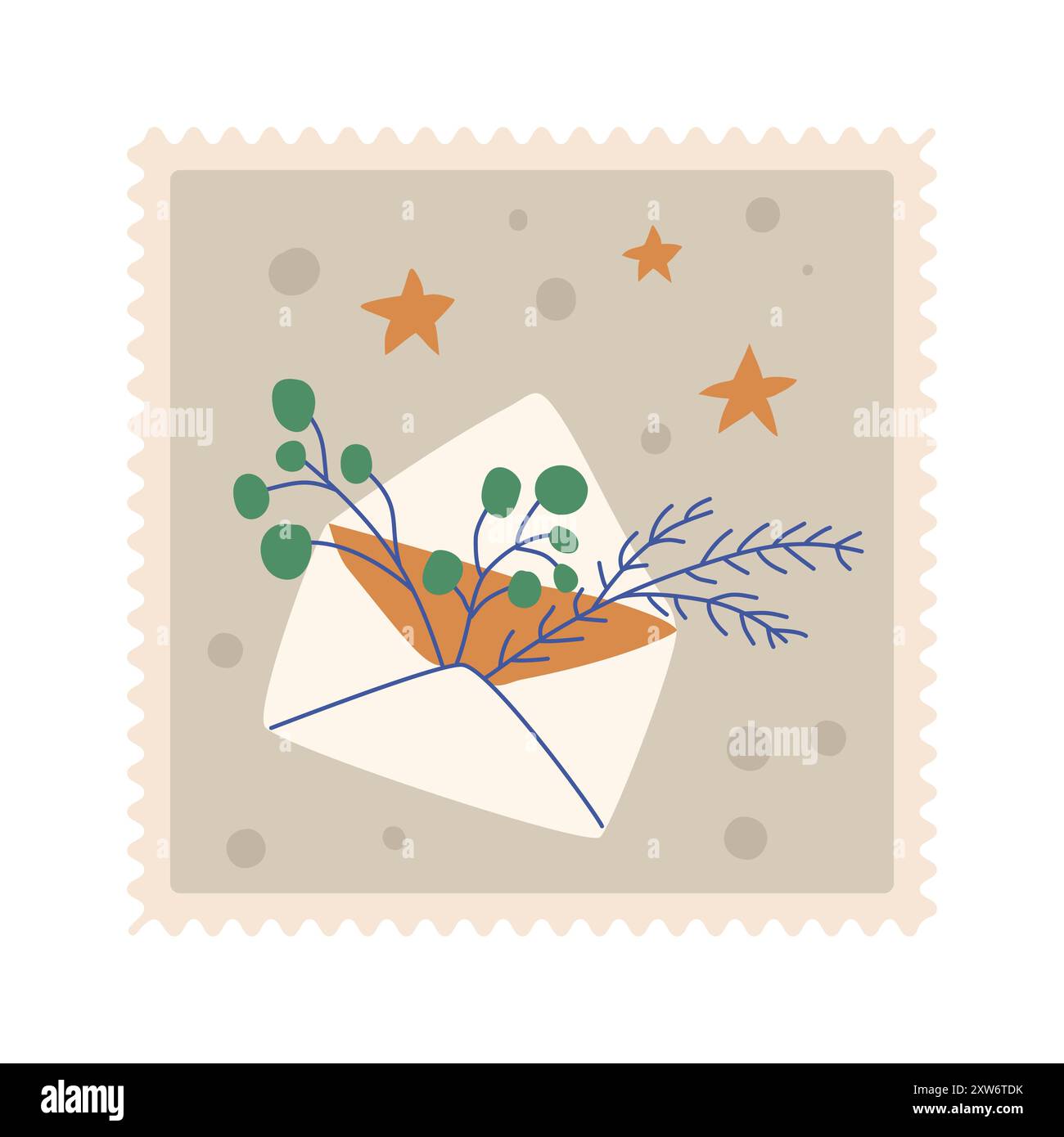 Christmas postal stamp with festive envelope isolated on white ...