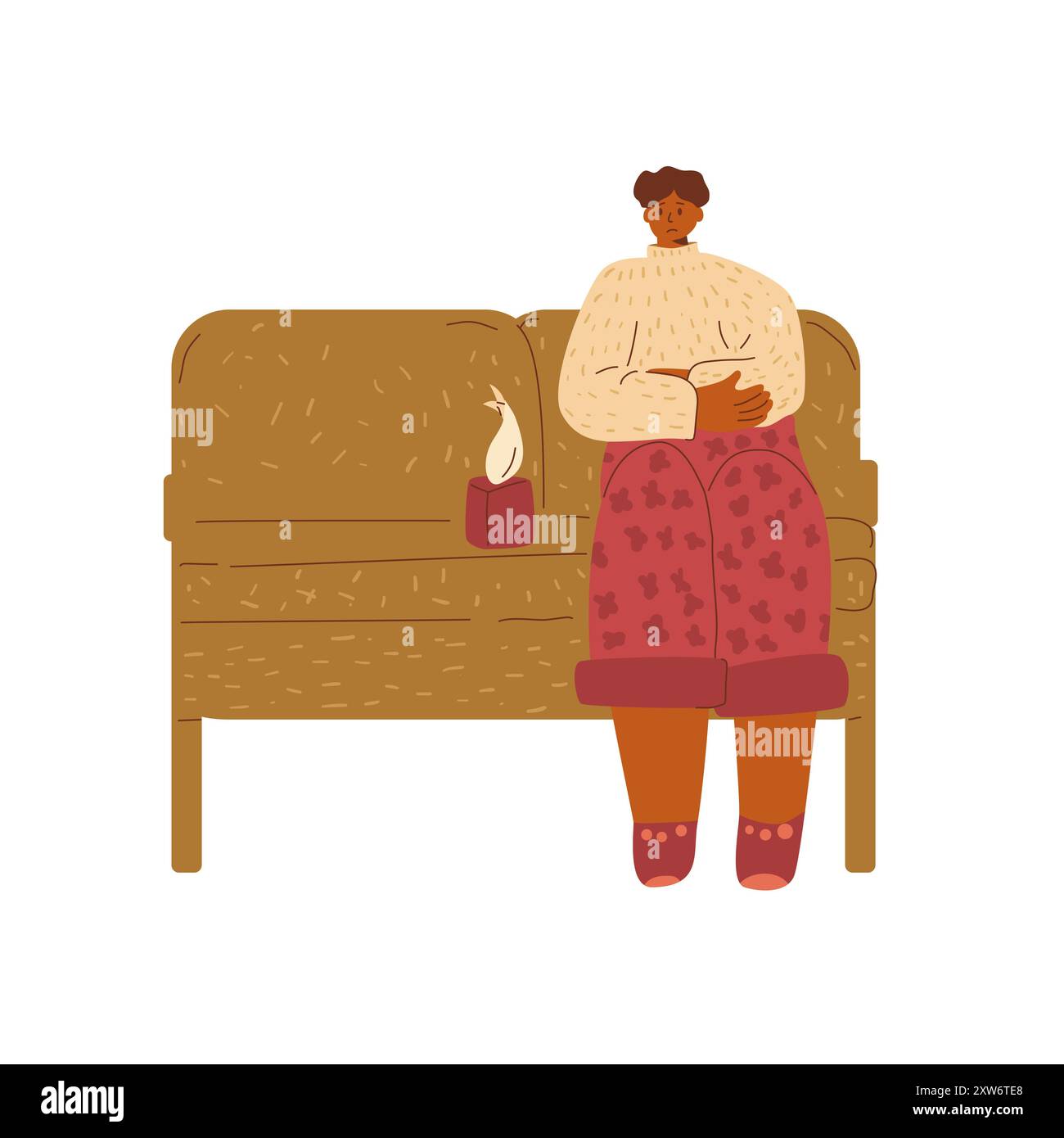 Sad person sitting on coach isolated on white background. Alone person ...