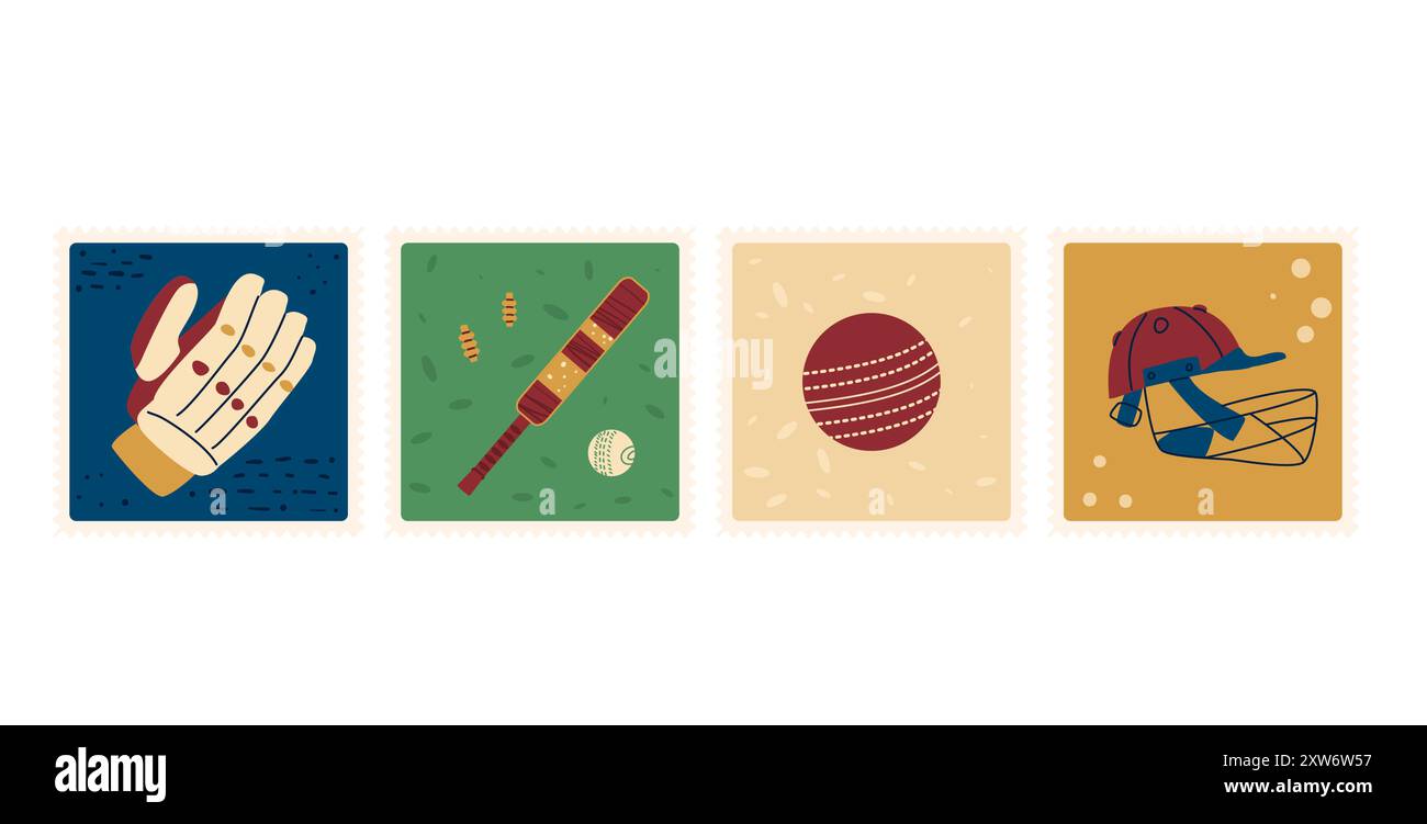 Set of Cricket stamps with glove, ball, bat, helmet isolated on white ...