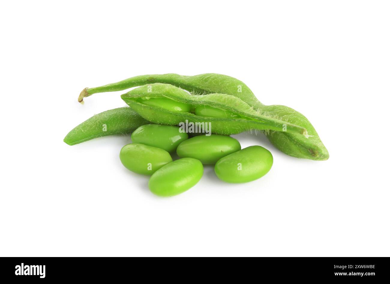 Raw green edamame soybeans and pods isolated on white Stock Photo - Alamy