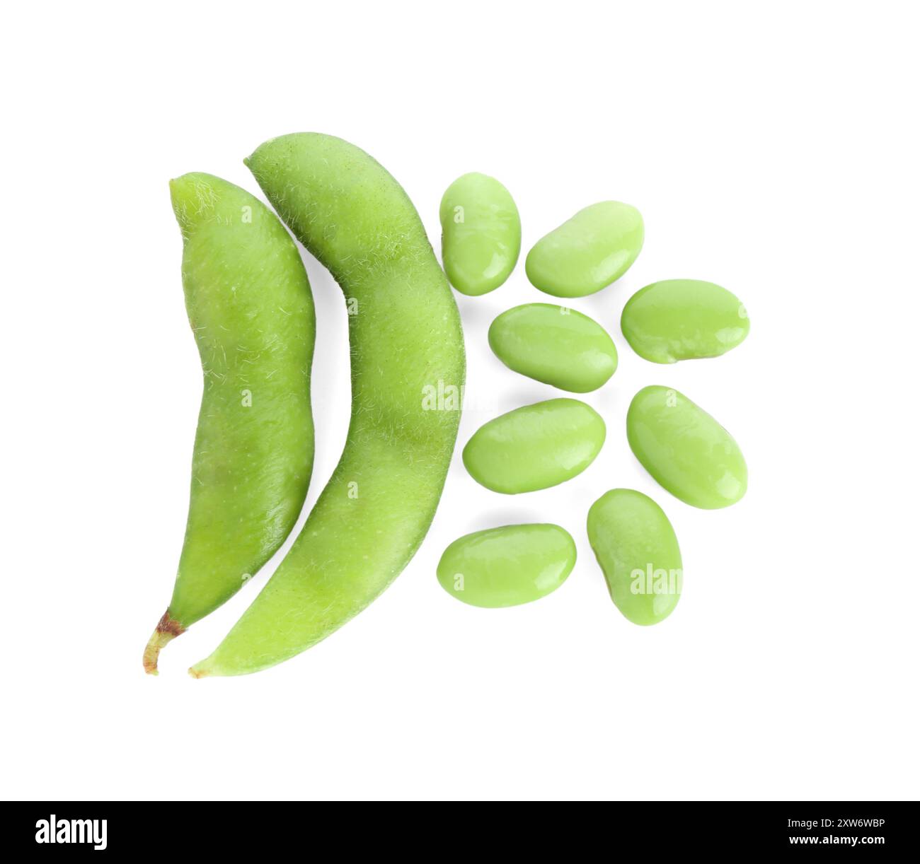 Raw green edamame soybeans and pods isolated on white, top view Stock ...