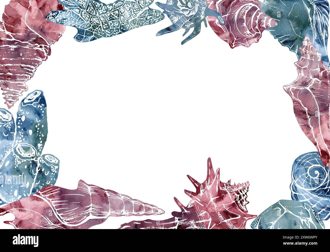 Watercolor and ink hand drawn marine life, sea ocean underwater ...