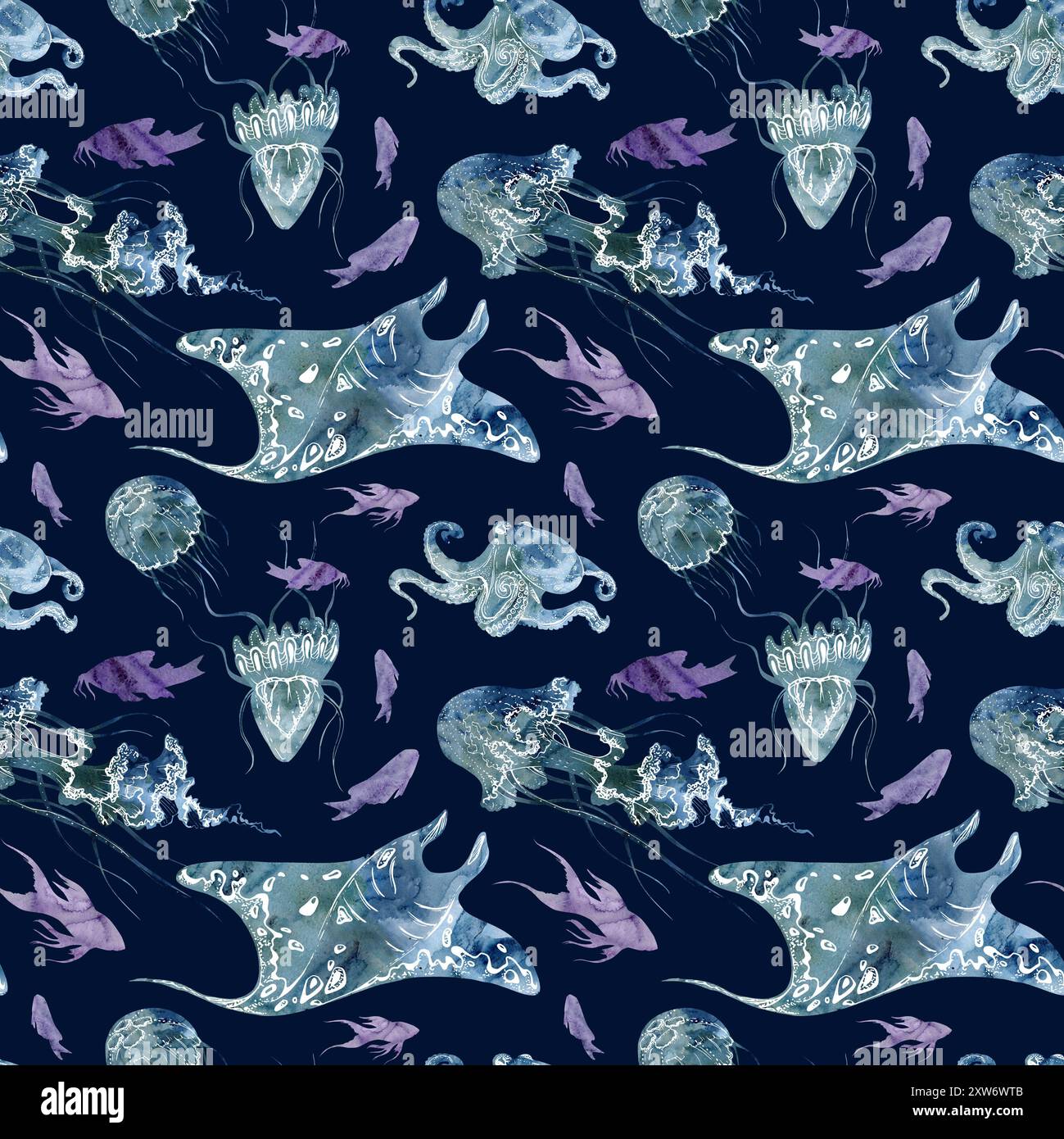 Watercolor and ink hand drawn marine life, sea ocean underwater ...