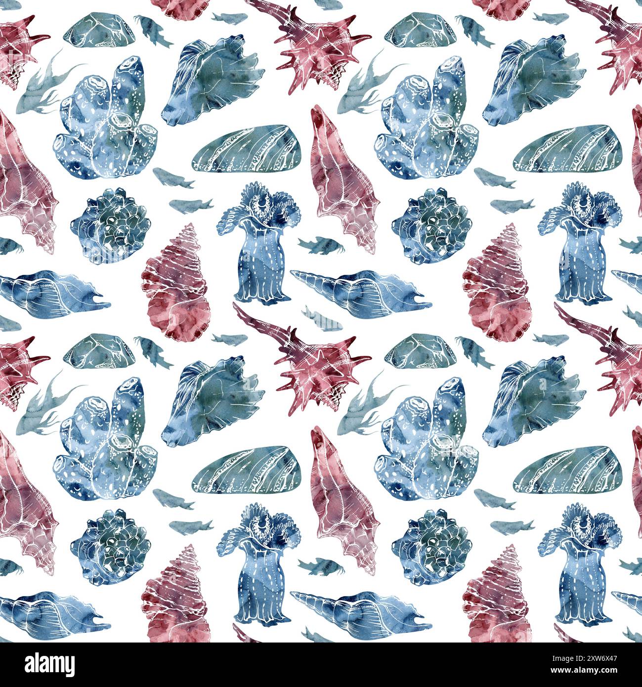 Watercolor and ink hand drawn marine life, sea ocean underwater ...