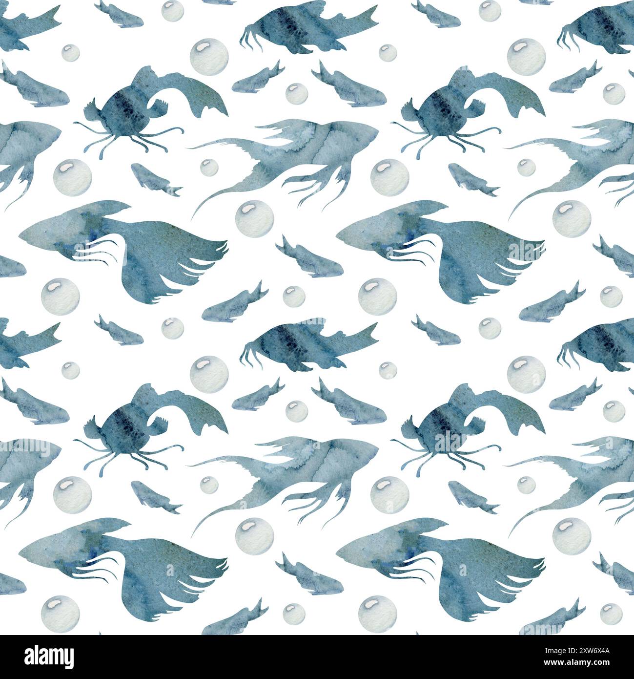 Watercolor and ink hand drawn marine life, sea ocean underwater ...