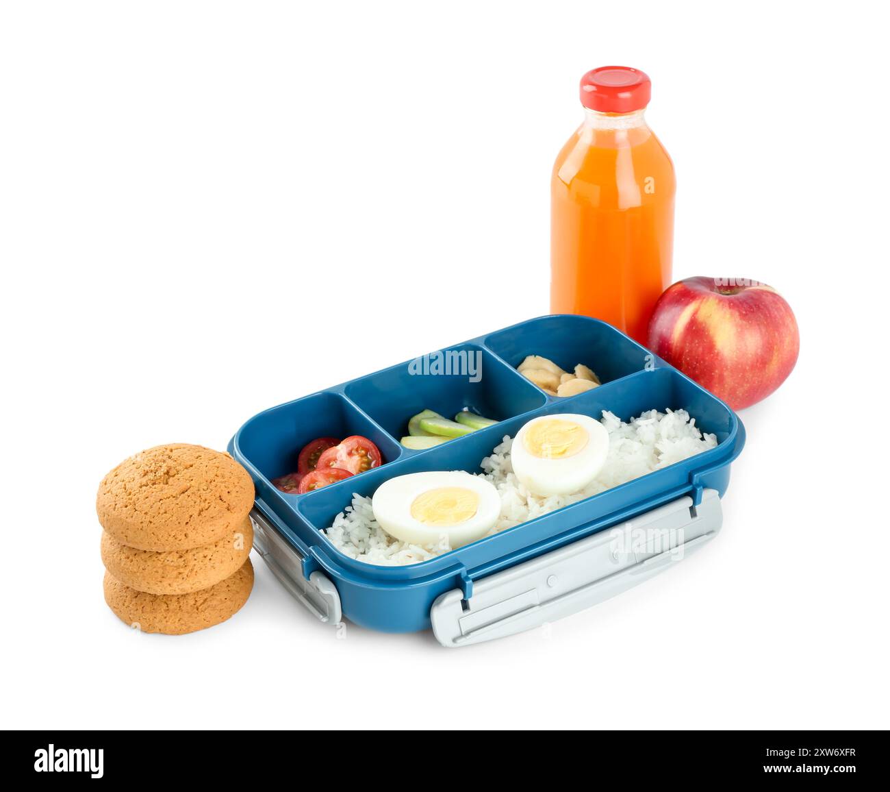 Lunch box with snacks and bottle of juice isolated on white Stock Photo ...