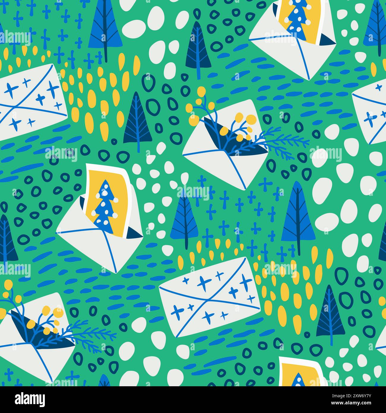 Colorful holiday-themed pattern with envelopes, Christmas trees, and ...