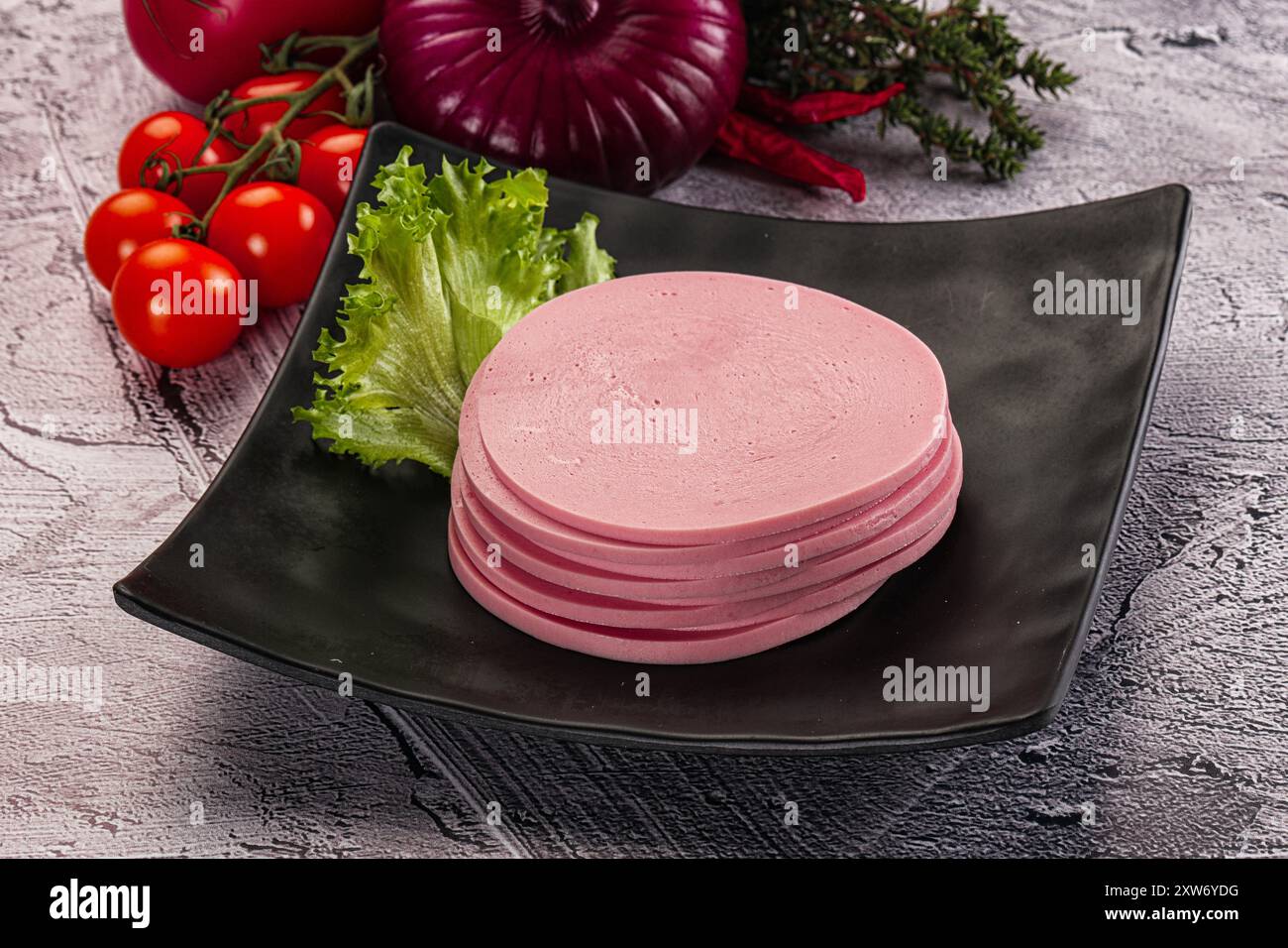 Boiled pork sliced sausage stack for breakfast Stock Photo - Alamy