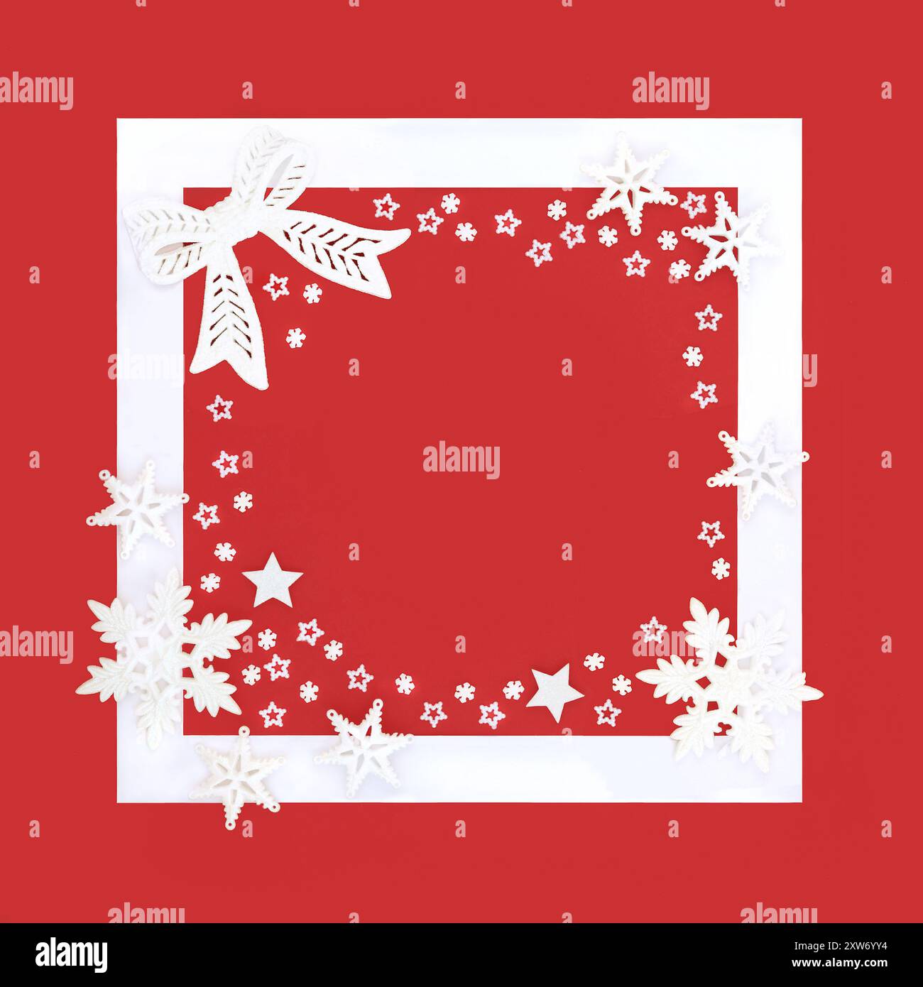 Christmas bow, snowflake and star fantasy background border on red ...