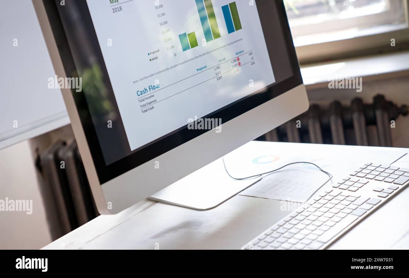 Close-up of the screens of personal computer with diagram, statistics ...
