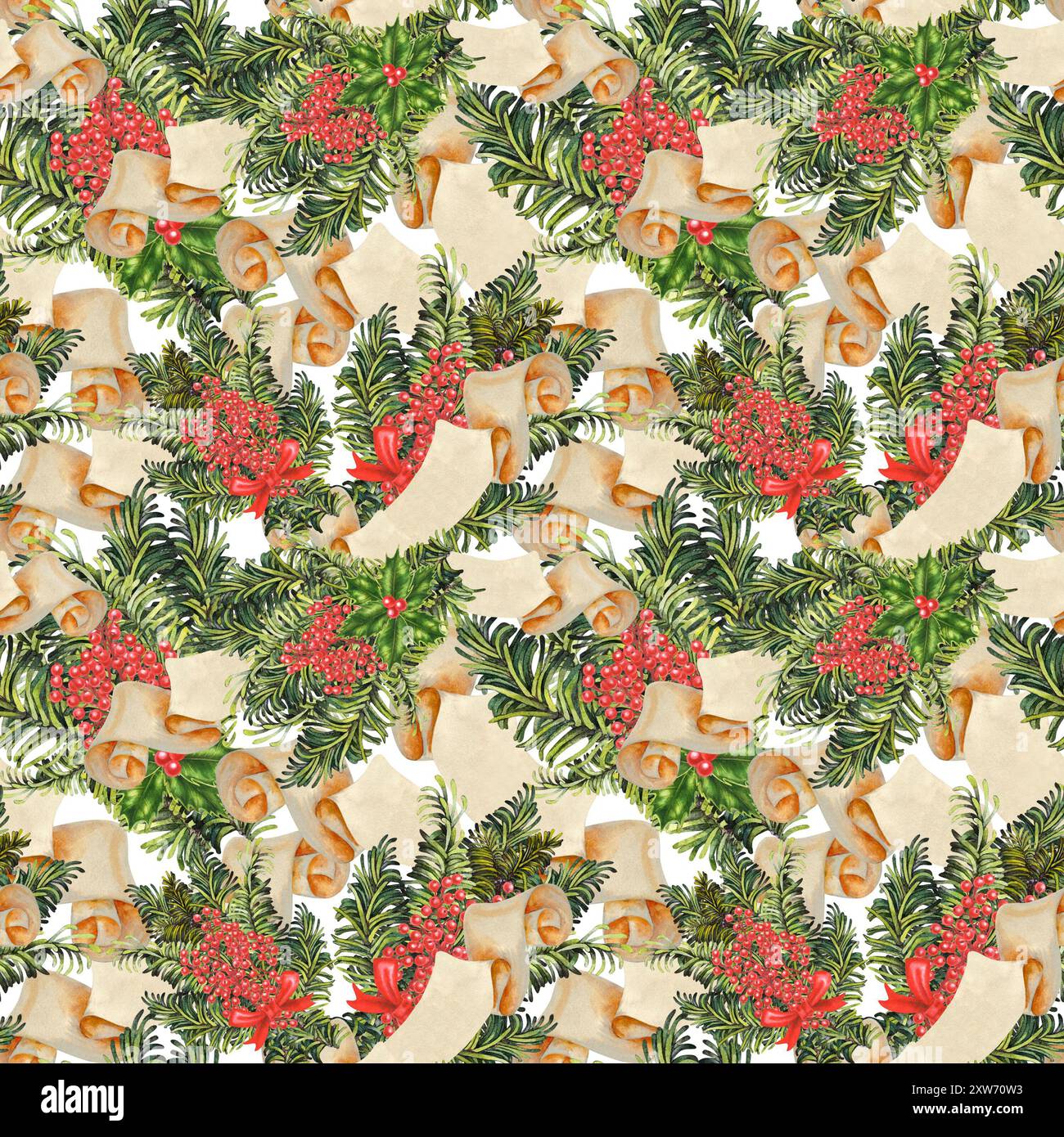 Seamless pattern of paper banner with Christmas green fir branches, holly berries. Watercolor ...