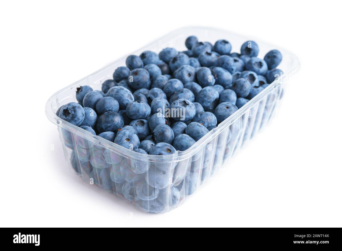 Fresh raw organic blueberries in transparent plastic container isolated ...