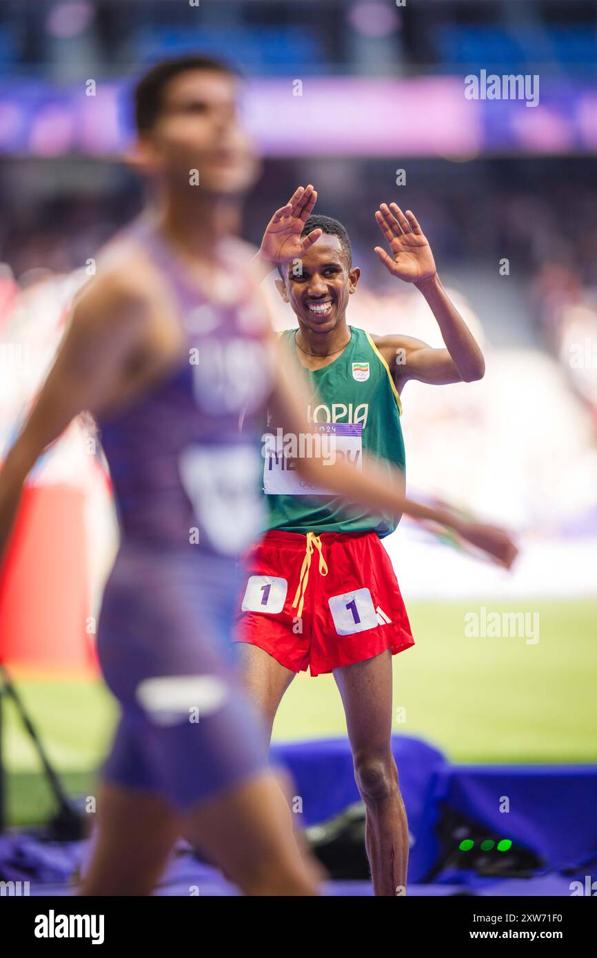 Biniam Mehary participating in the 5000 meters at the Paris 2024 ...