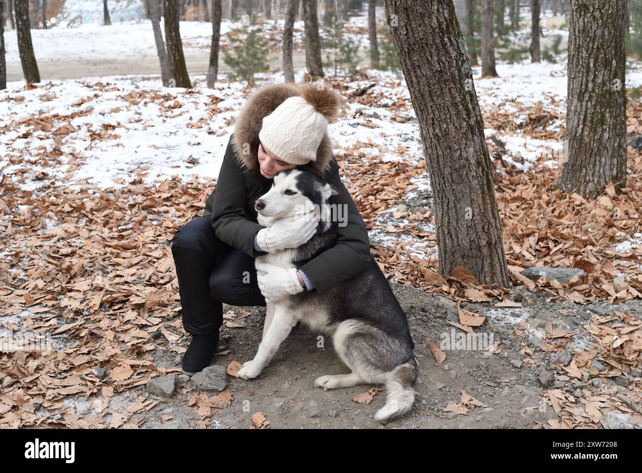 Russian young girl hugs siberian husky lovingly against winter ...